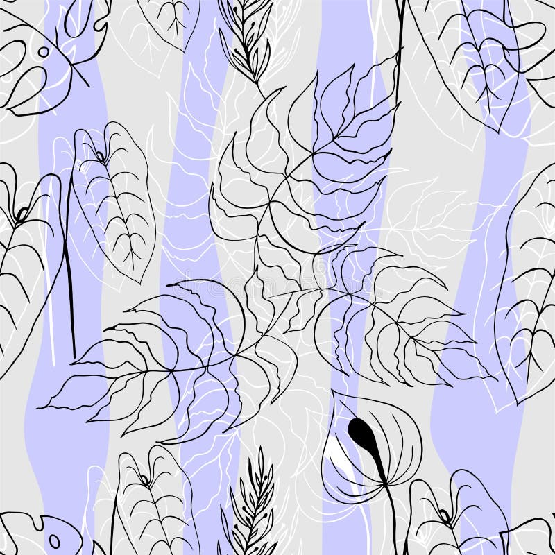 Continuous Contour Pattern of Tropical Leaves and Flowers on Gray-blue ...