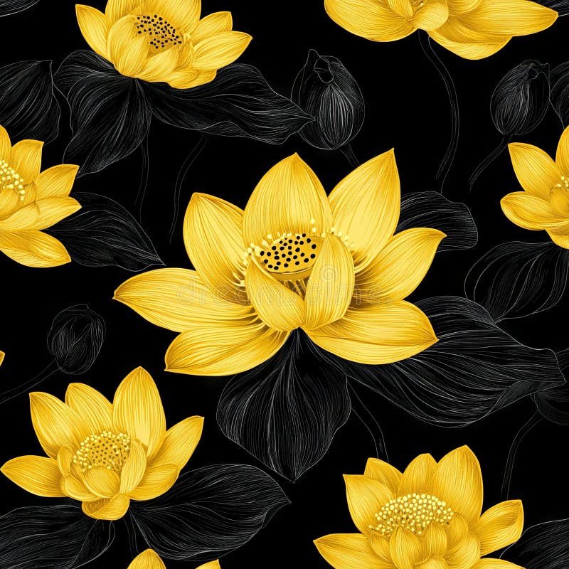 A Continuous Design of Black and Yellow Flowers on a Black Base Stock ...