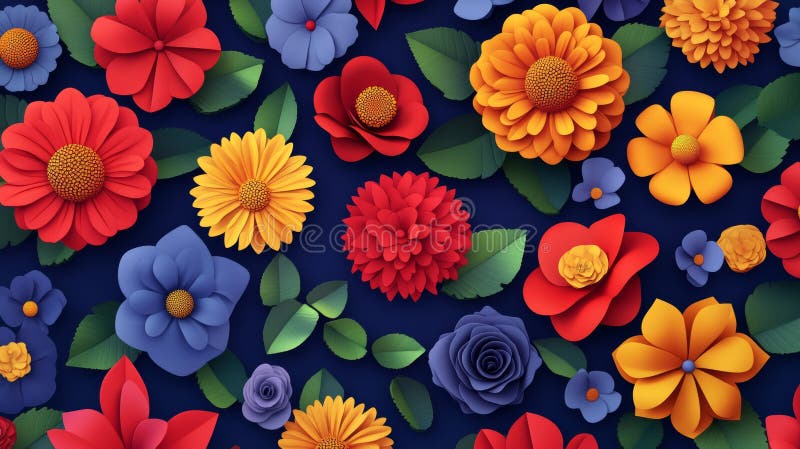 A Continuous Design of Vibrant Cartoon Flowers Set Against a Deep Blue ...