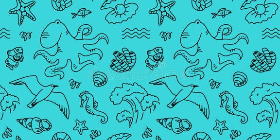 Continuous Doodle Pattern of Sea Life. Sea Creatures Stock Vector ...