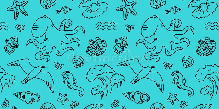 Continuous Doodle Pattern of Sea Life. Sea Creatures Stock Vector ...