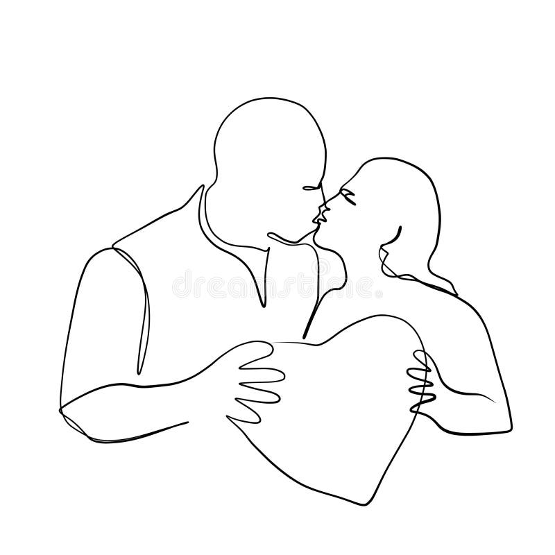 Continuous Drawing of Lines. Line Art of Kissing Lovers with Heart ...