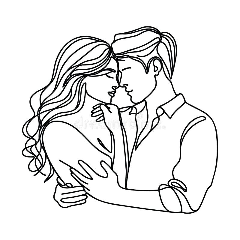 Continuous Drawing In One Line Of A Guy And A Girl In Love Hugging Each Other Stock