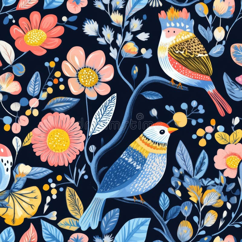 Continuous Floral Design with Birds, Blossoms, and Foliage Stock Photo ...