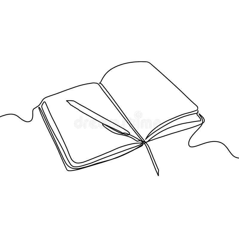 Continuous Line Art Drawing of Book and Pen or Pencil. Opened Book ...
