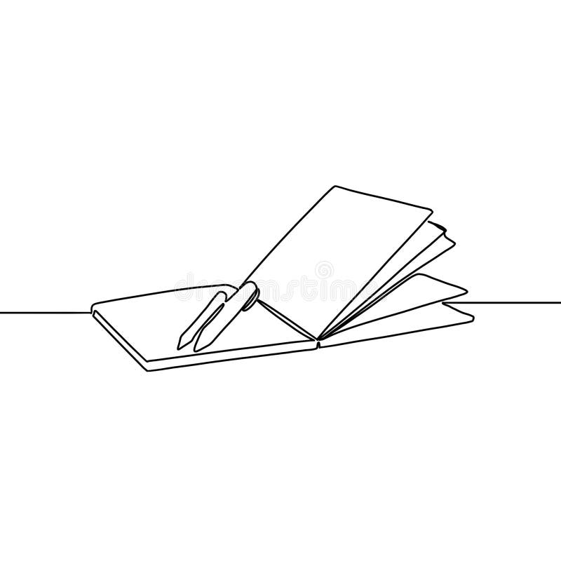 Continuous Line Art Drawing of Book and Pen or Pencil. Opened Book ...