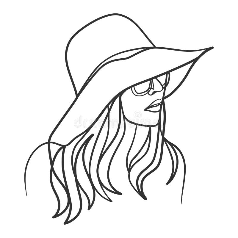 Continuous Line Art Drawing Of Woman Face With Hat Stock Vector