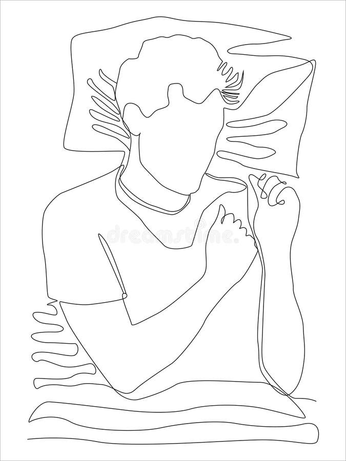Continuous Line Art of a Man is Sleeping on the Bed. Stock Vector ...