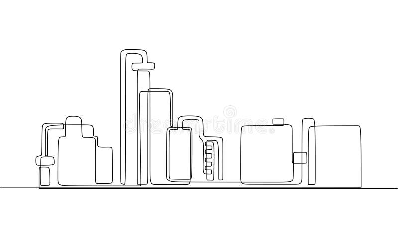 Continuous Line Art of Oil Refinery Buildings in Sleek Vector Design ...