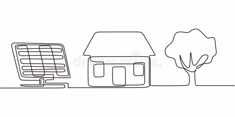 Continuous Line Art Solar Panels House Tree. Renewable Eco Friendly ...