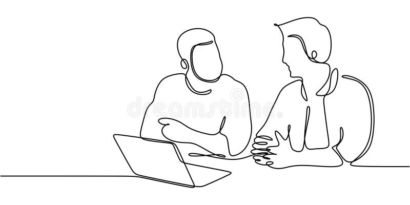 Continuous Line Art of Two People Collaborating with Laptops. Symbol of ...