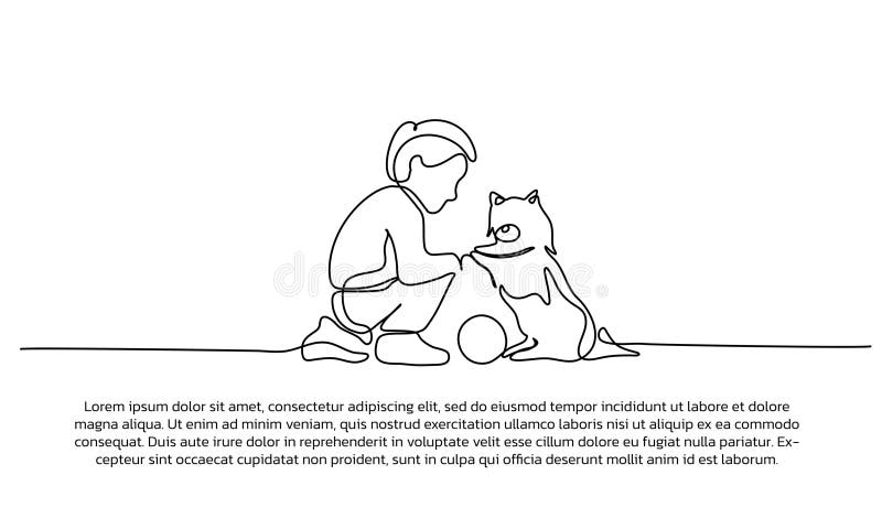 Continuous Line Design of Boy Feeding Cat Stock Vector - Illustration ...