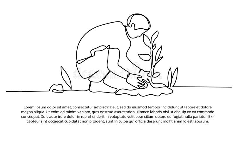 Continuous Line Design of a Young Man Planting Plants Stock Vector ...