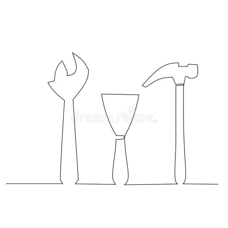 Continuous Line Drawing of a Adjustable Wrench, Scraper, and Hammer ...