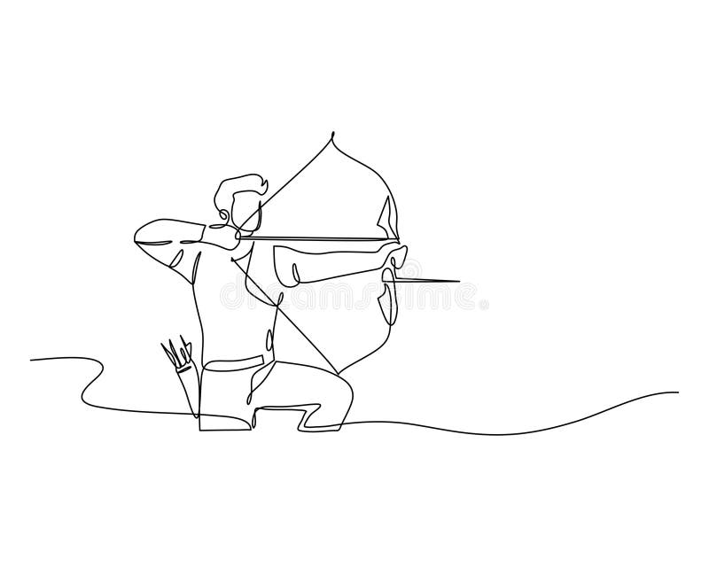 A Continuous Line Drawing of an Archer in a Kneeling Position, Aiming a ...