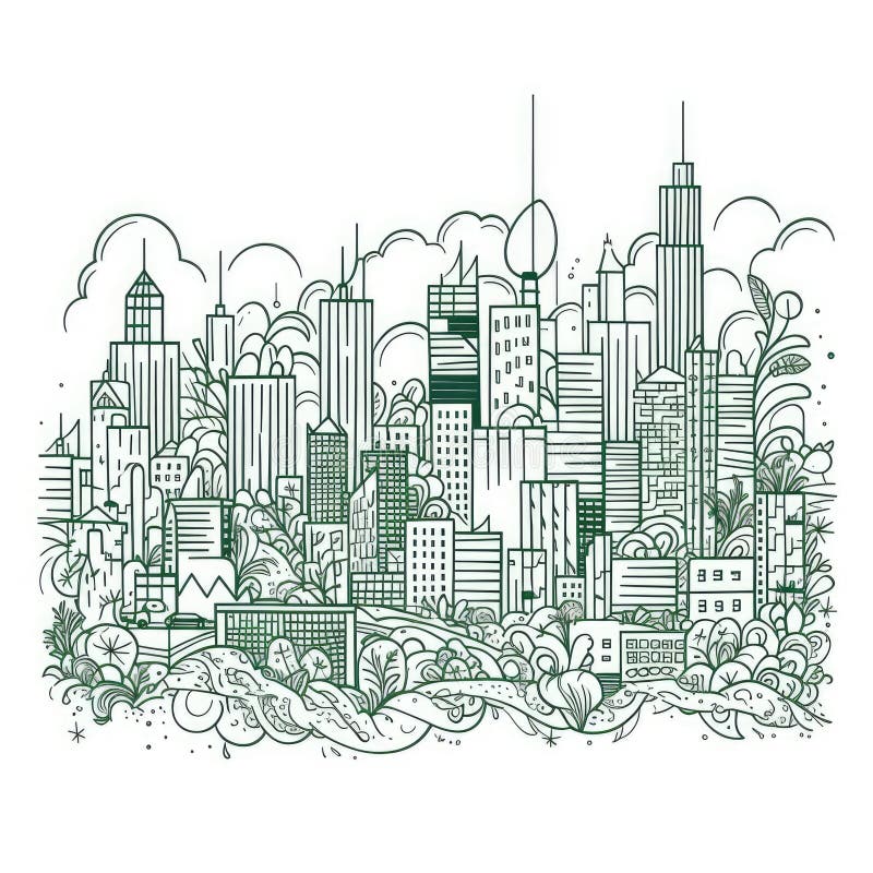 Continuous Line Drawing of a Beautiful Green Cityscape View. Perfect ...