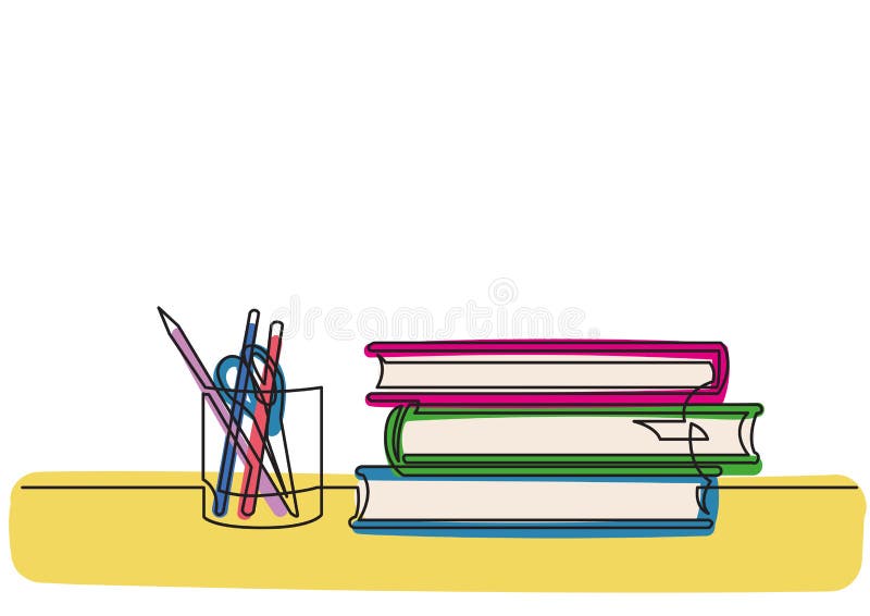 Continuous Line Drawing of Books and Pencils Stock Vector ...