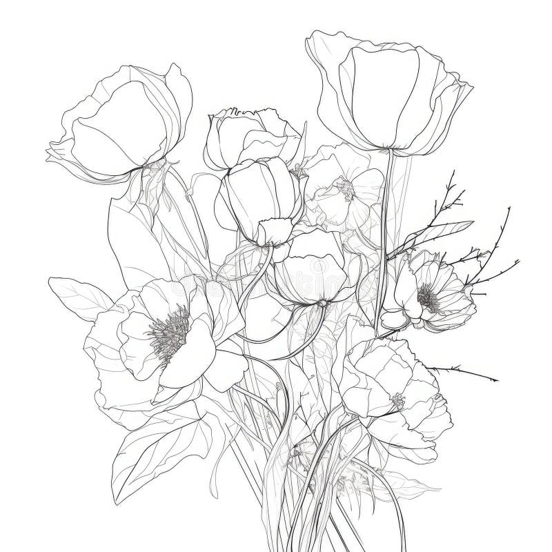 Continuous Line Drawing of Botanical Bouquet for Invitations and ...