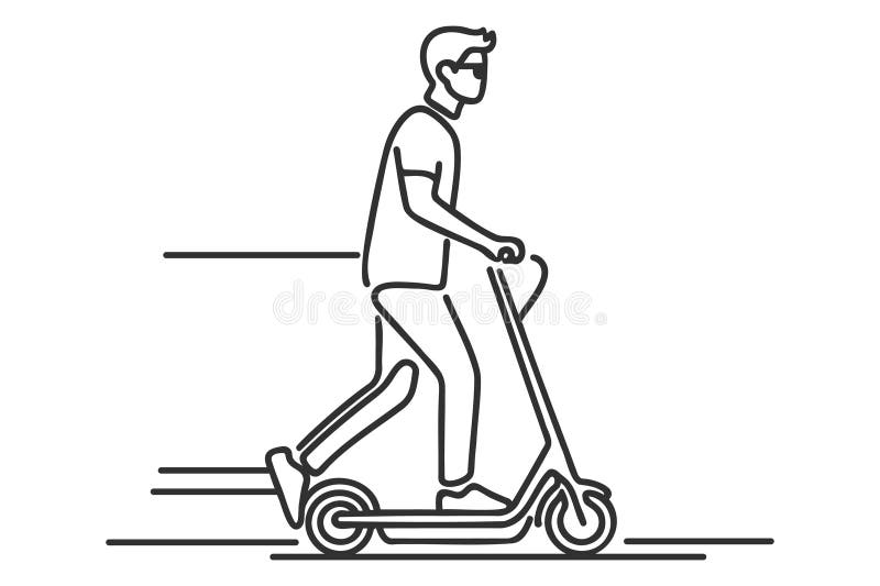 Continuous Line Drawing of a Boy Rides an Electric Scooter. Template ...
