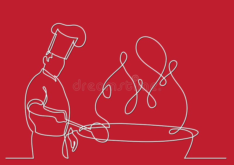 Continuous Line Drawing of Chef Cooking Big Meal Stock Vector ...