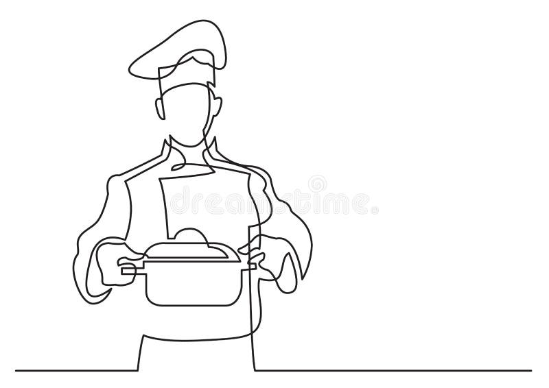 Continuous Line Drawing of Chef Holding Pot of Meal Stock Vector ...