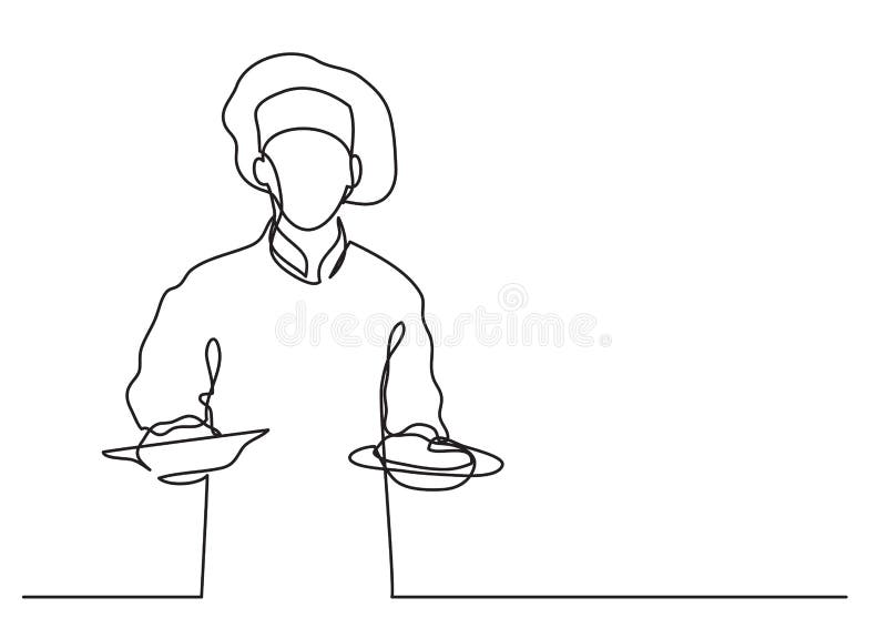 Continuous Line Drawing Of Chef Holding Two Meals Stock Vector ...