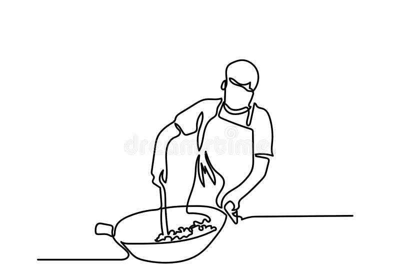 Continuous Line Drawing of Chef Prepares Food in the Kitchen Stock ...