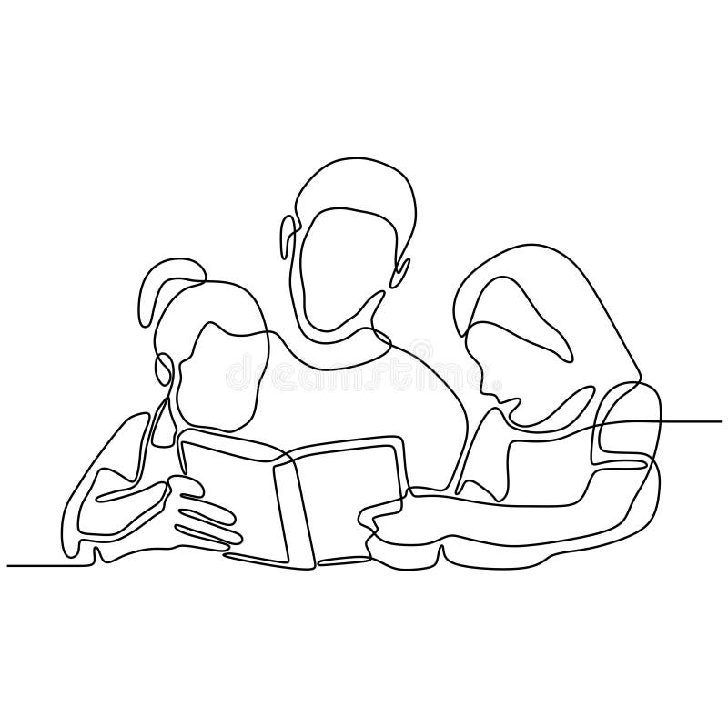 Group of Children Read Book Continuous One Line Drawing Stock Vector ...