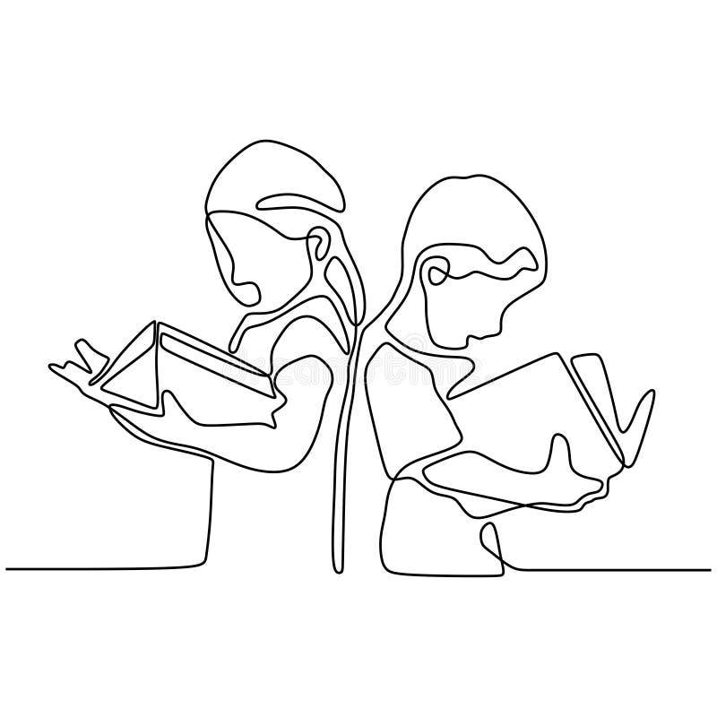 Continuous Line Drawing of Kids Reading Books for Study. Educational ...