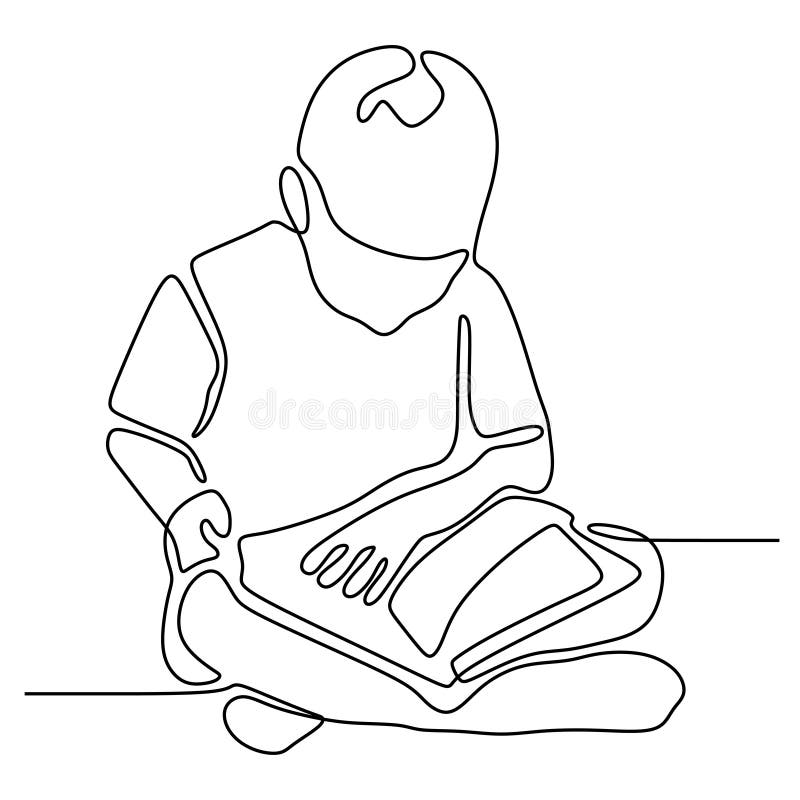 Continuous Line Drawing of Children Sitting Reading Books for Study ...