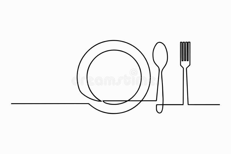 Continuous Line Drawing of Clean Plate, Spoon, Fork, and Knife. One ...
