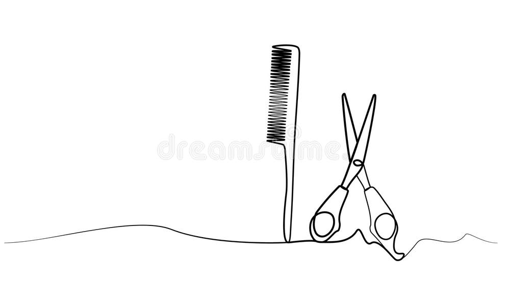Continuous Line Drawing of Comb and Scissors. Vector Stock Illustration ...
