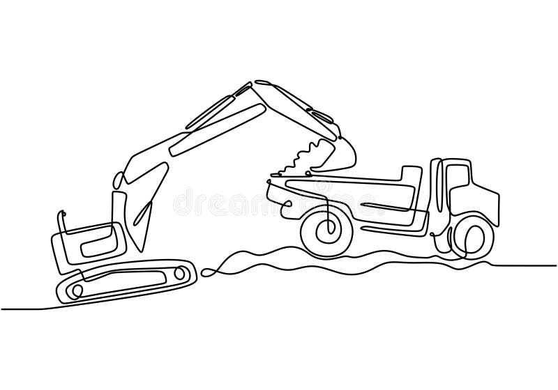 Continuous Line Drawing of a Construction Scene with Loader and Dump ...