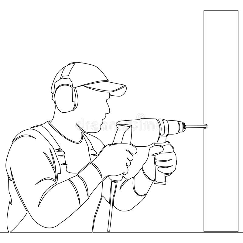 Continuous Line Drawing Construction Worker Drilling Wall Manual Labor ...