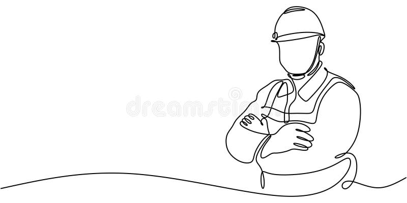 Continuous Line Drawing of Construction Workers in Safety Gear for ...