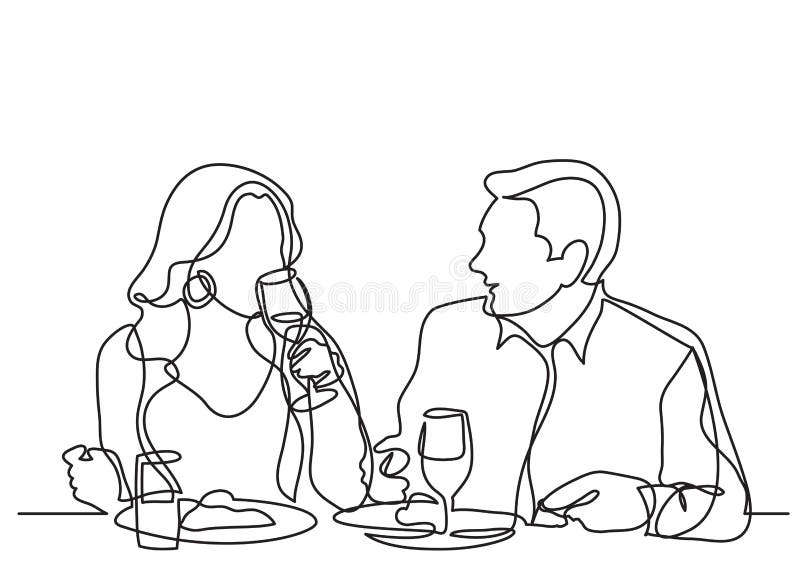 Continuous Line Drawing of Couple Dining in Restaurant Stock Vector ...