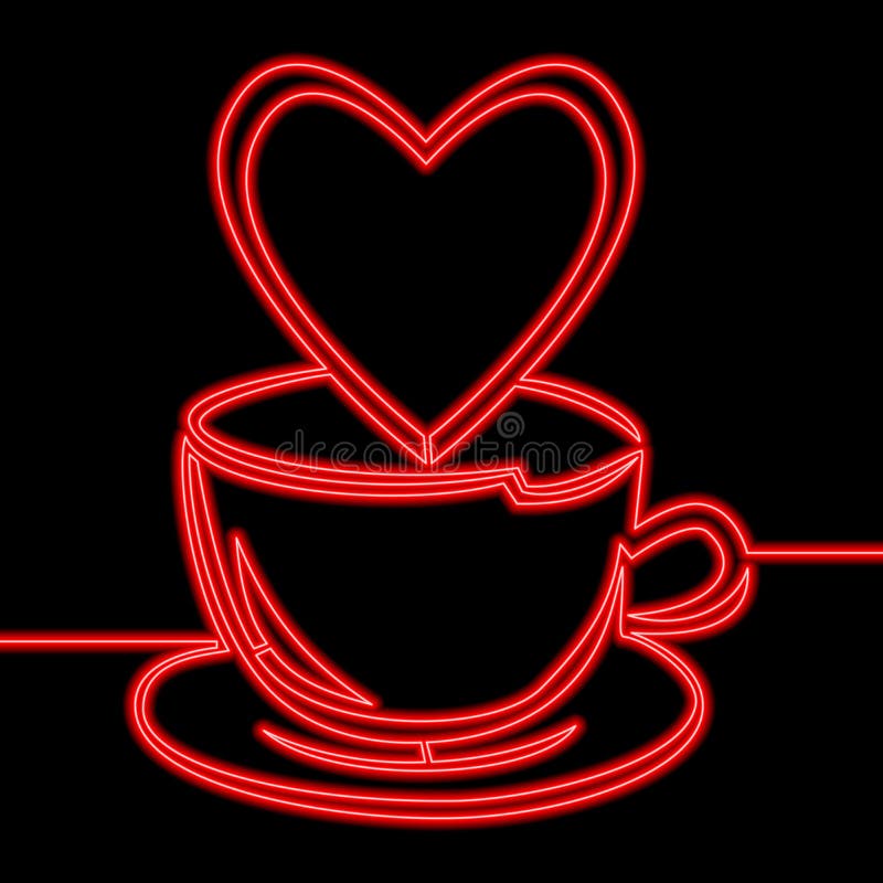 Continuous Line Drawing Cup of Coffee with Heart Shaped Icon Neon ...