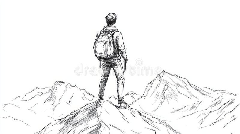 Continuous Line Drawing Depicting a Climber at the Summit Stock Image ...