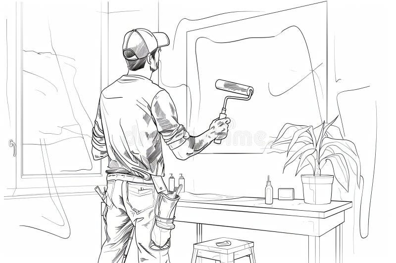 A Continuous Line Drawing Depicts a Painter Decorating a Home Interior ...