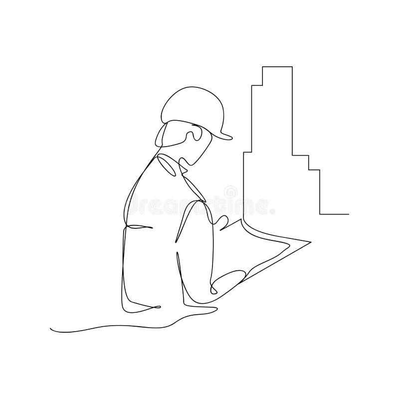 Continuous Line Drawing of Engineer Building. Isolated Sketch Drawing ...