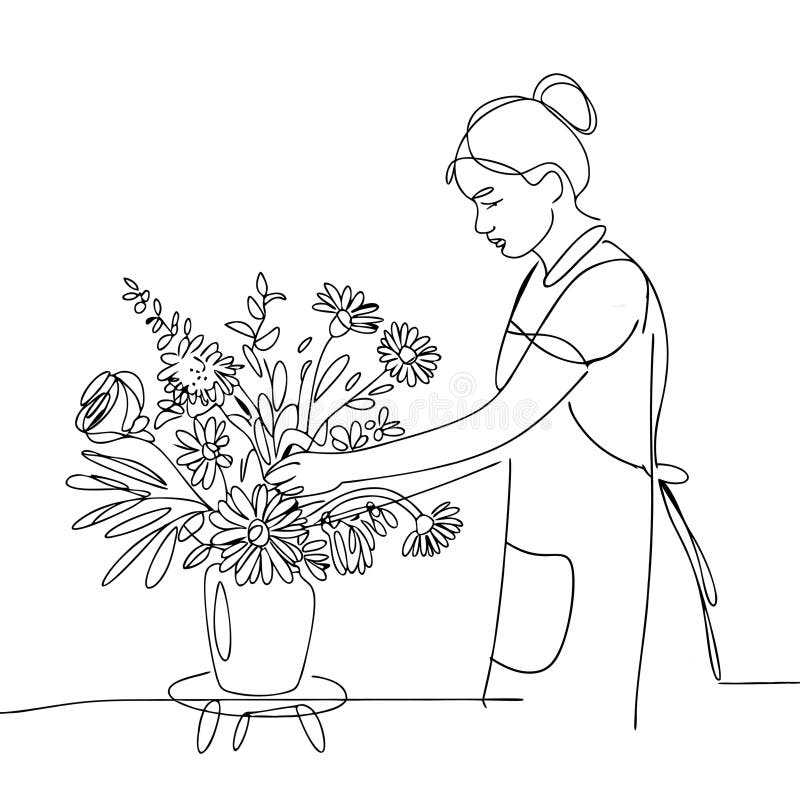 Continuous Line Drawing Florist Arranging Flowers in Vase Art Vector ...