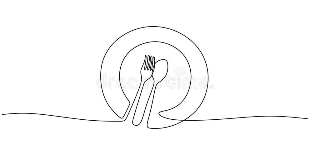 Continuous Line Drawing Fork Spoon Empty Plate. Dining Meal Completion ...