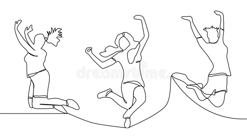 Continuous Line Drawing of Four Jumping Happy Team Members Stock Vector ...
