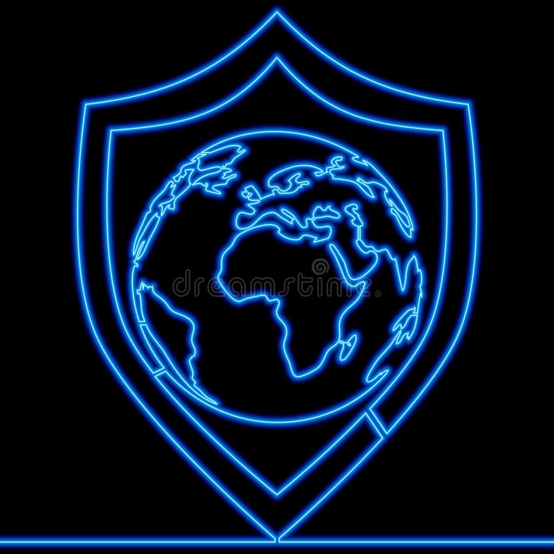 Continuous Line Drawing Futuristic Shield and Planet Earth Globe Map ...
