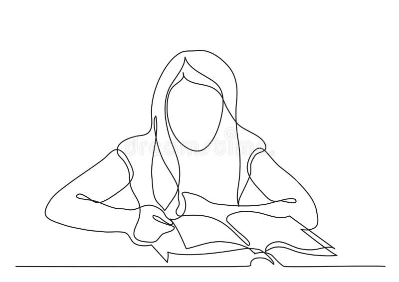 Continuous Line Drawing Of Girl Reading Book Stock Vector ...