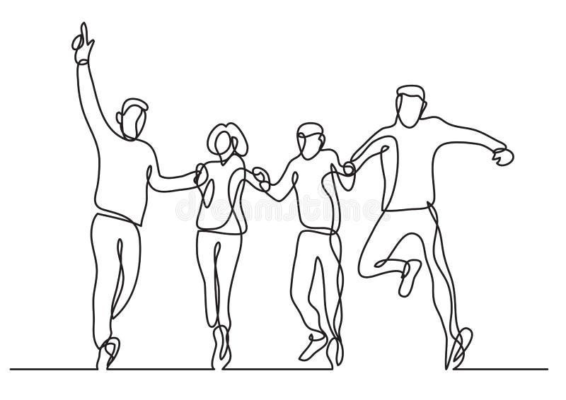Continuous Line Drawing of Group of Four People Jumping Stock Vector ...
