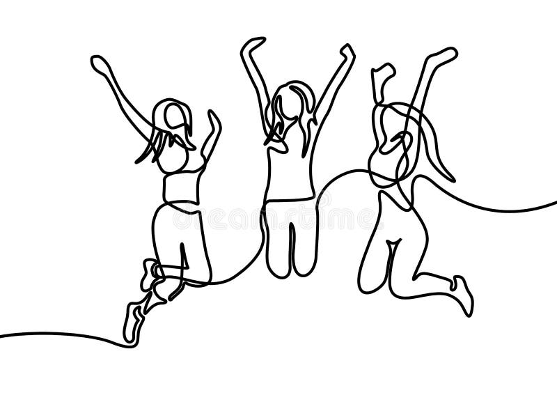 Continuous Line Drawing Group of Girls Jumping. Vector Illustration ...