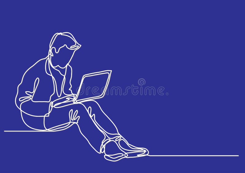 Continuous Line Drawing of a Guy Sitting with Laptop Computer Stock ...