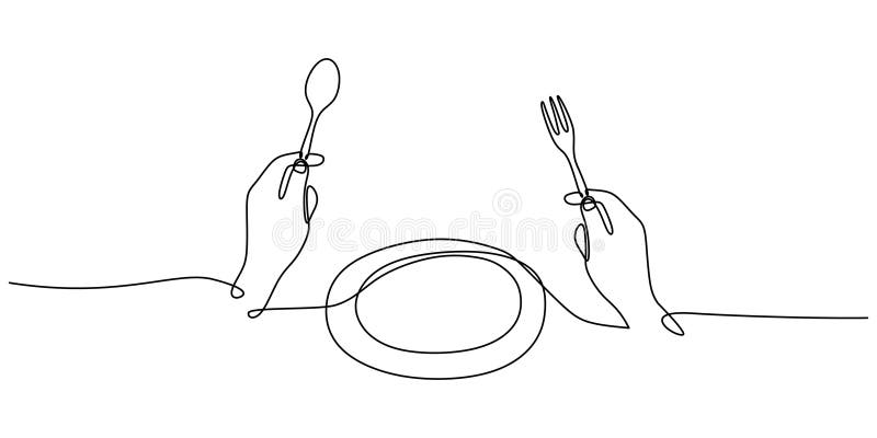 Continuous Line Drawing Hand Holding Fork Spoon. Ready Meal Eating ...