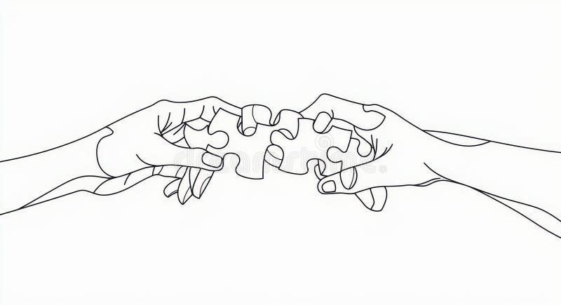 A Continuous Line Drawing of Hands Solving Puzzle Pieces, Jigsaw Pieces ...